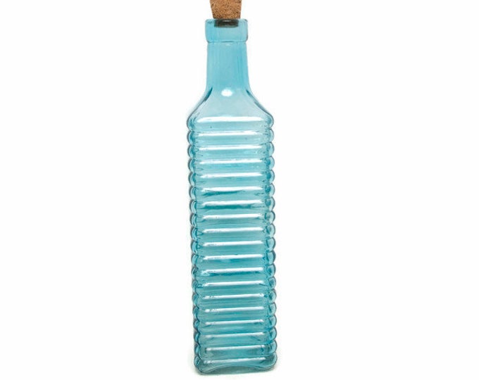Vintage Aqua Blue Ribbed Glass Bottle With Cork Stopper Square ...