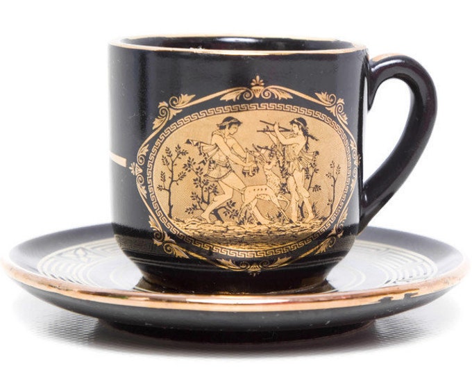 Vintage Greek 24k Gold Teacup and Saucer Black Demitasse ADIS Greece ...
