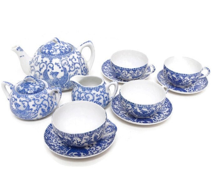 Antique Childrens Blue Phoenix Tea Set Japanese Porcelain Blue and ...