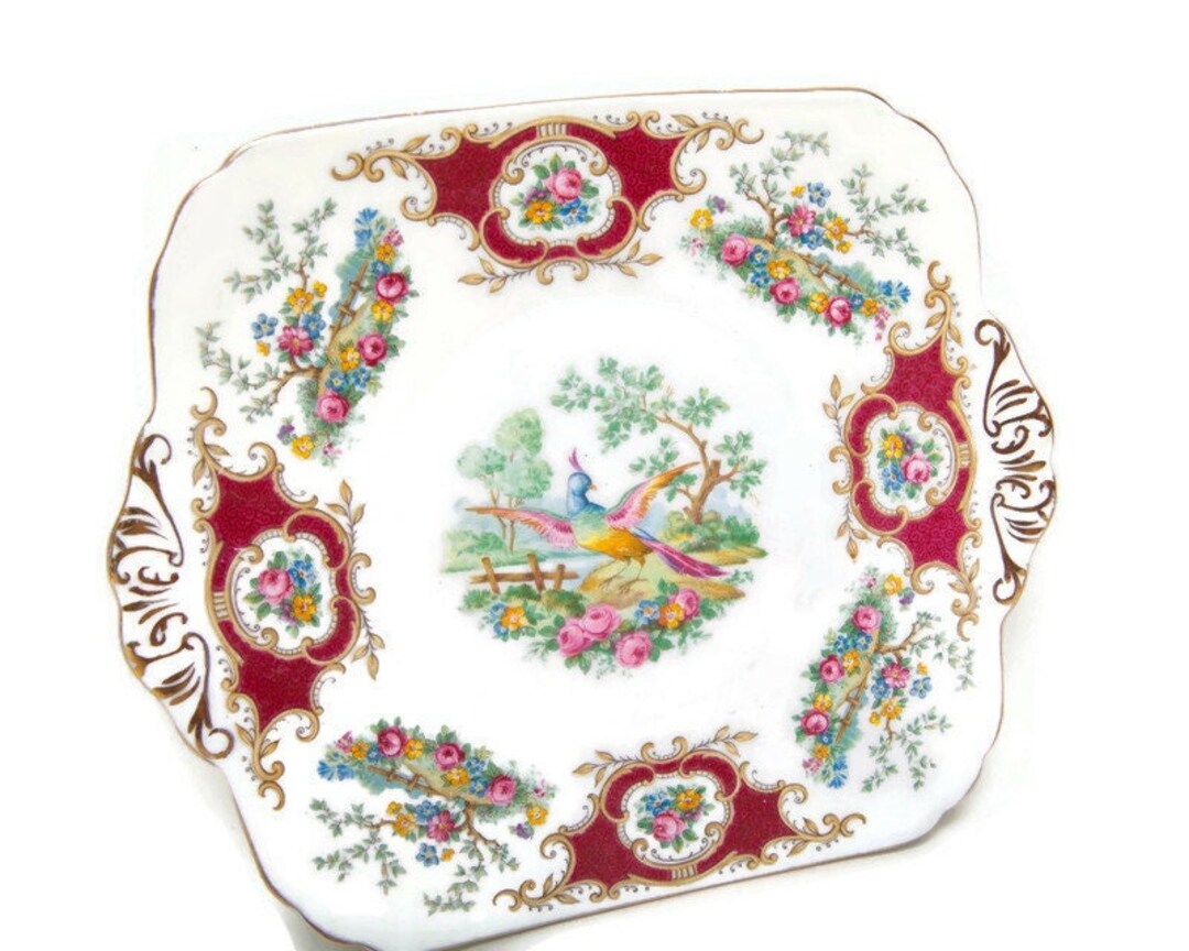 Vintage Foley Red Broadway Square Cake Plate Chelsea Bird Made in ...