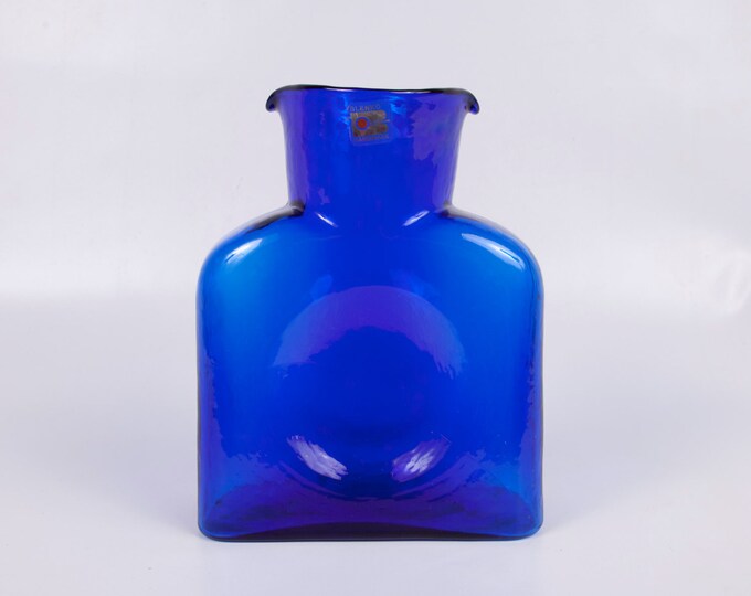 Blenko Water Pitcher Cobalt Blue Glass Double Spout Original Sticker ...