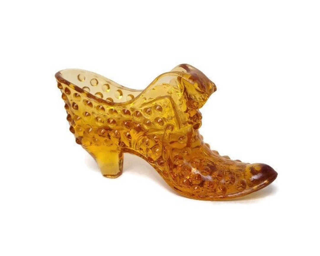 Vintage Fenton Hobnail Amber Art Glass Shoe Cat Head Boot Candy Dish ...