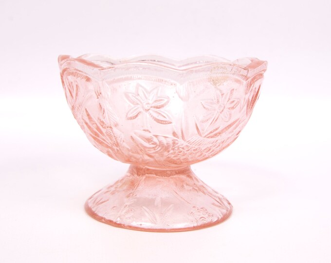 Vintage Pink Footed Bowl Embossed Fish Design Glass Candy Dish Floral ...