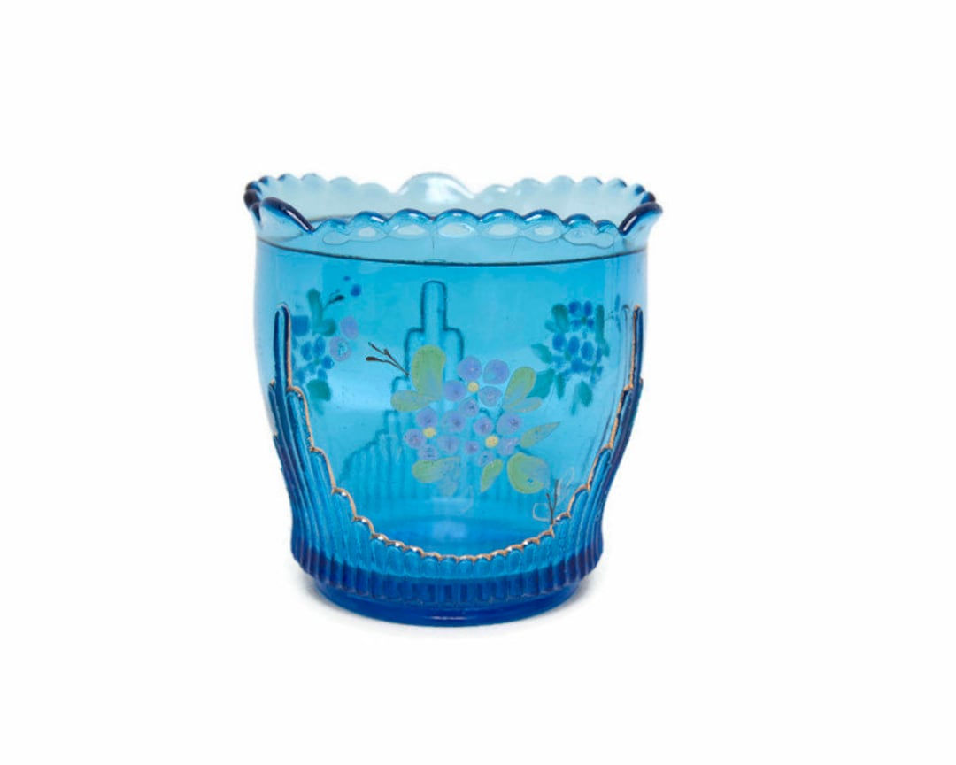 Vintage Turquoise Ribbed Glass Spooner Hand-painted Enamel Flowers ...
