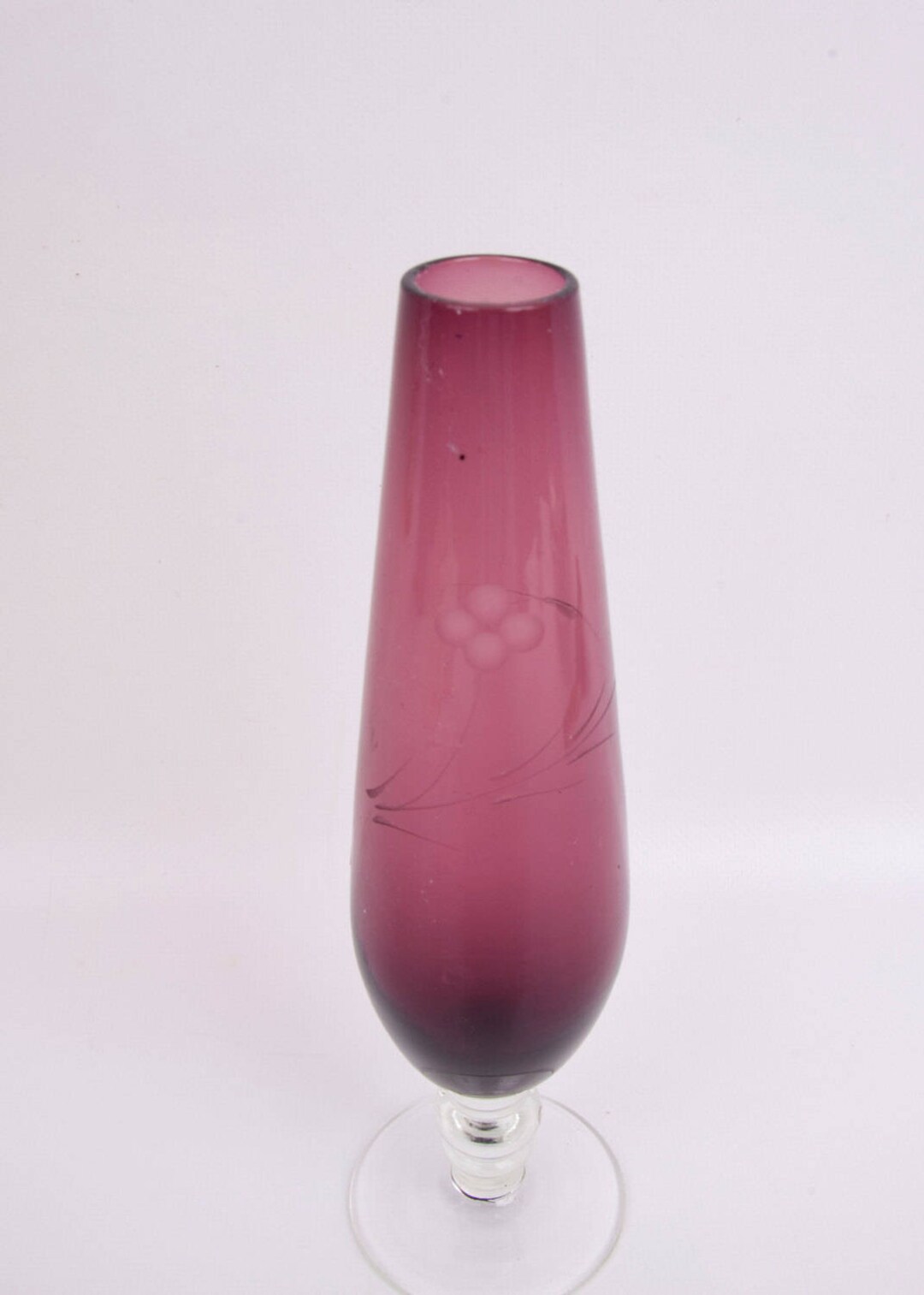 Vintage Amethyst Glass Footed Bud Vase – 8" Hand Blown Etched Floral ...