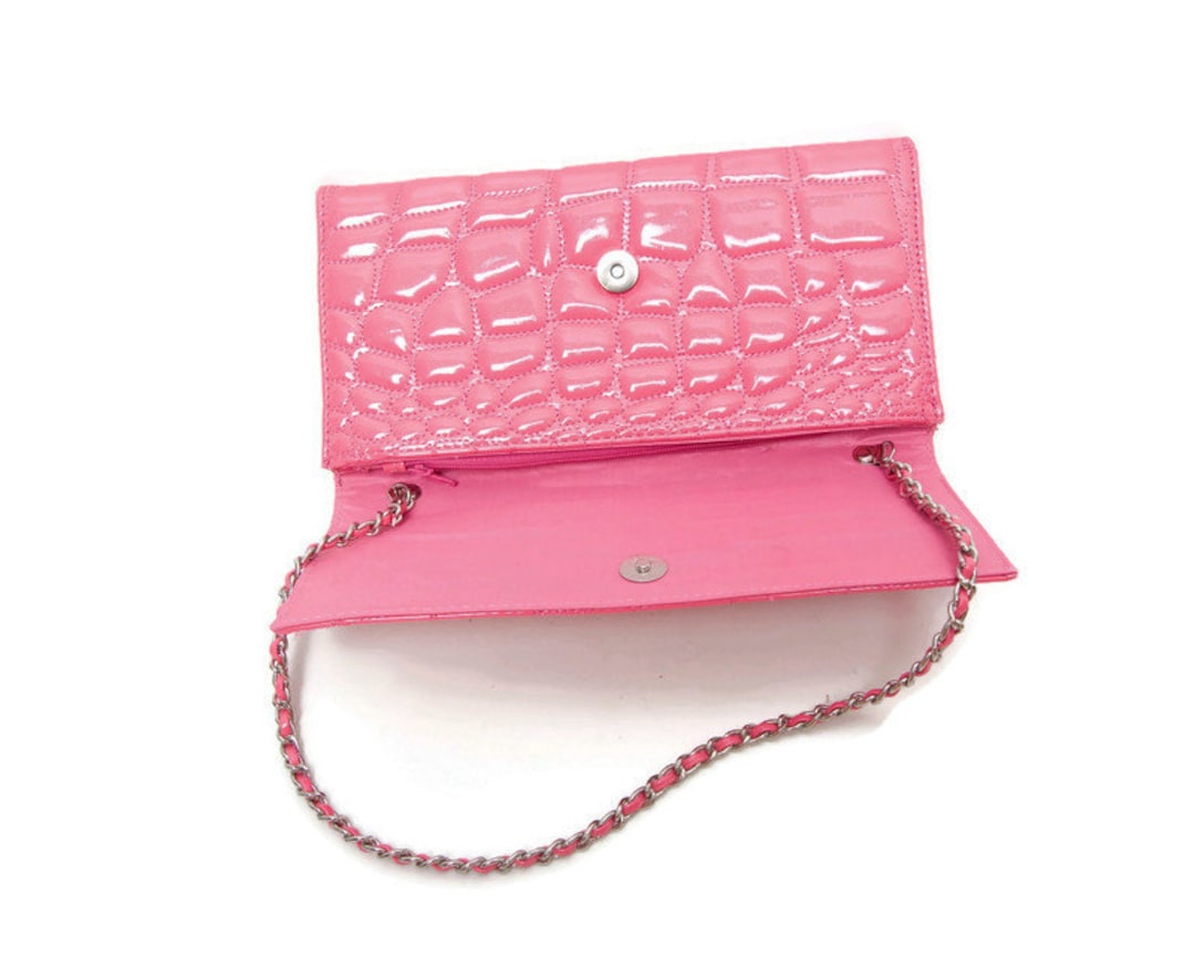 Vintage KRISTINE Hot Pink Quilted Vinyl Handbag Clutch Silver Chain ...
