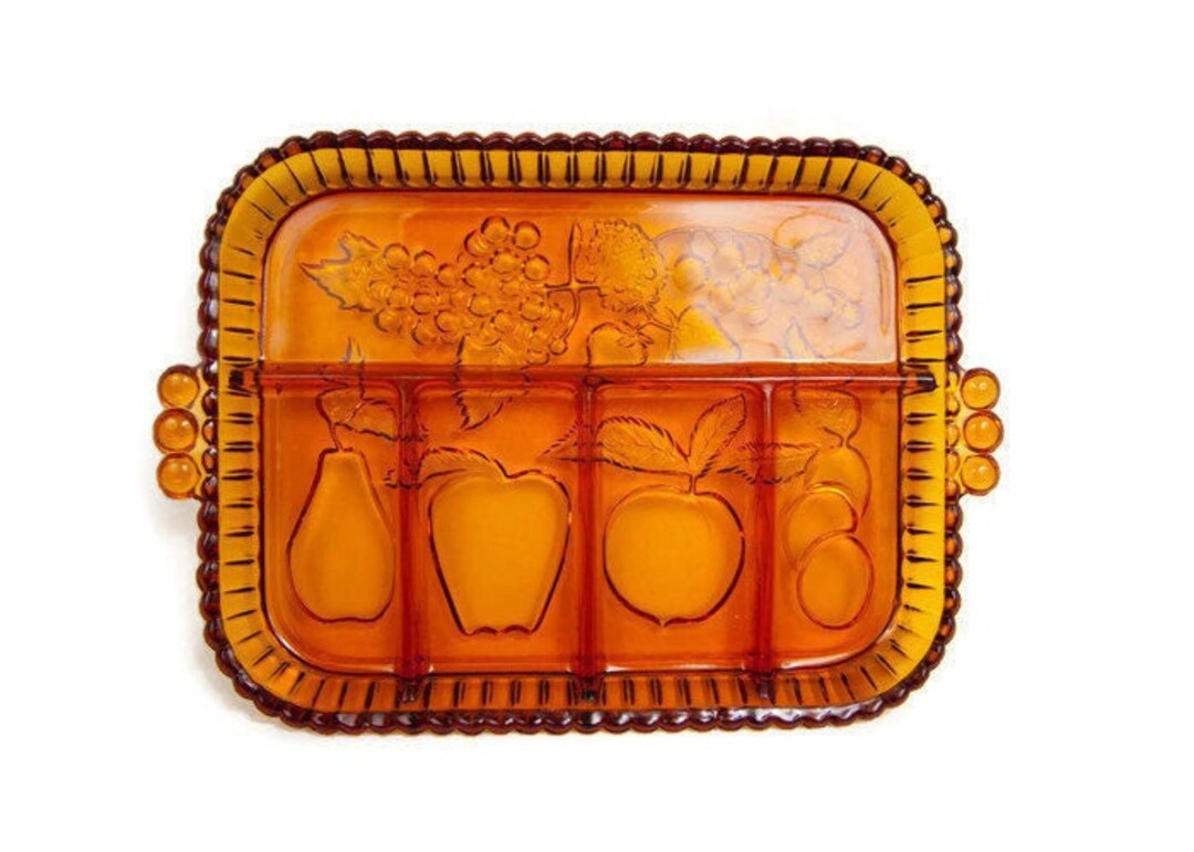 Vintage Indiana Glass Embossed Fruit Divided Platter Amber Glass Relish ...