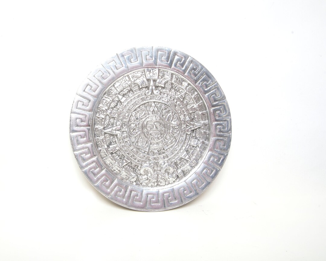 Vintage Aztec Calendar Wall Decor Cast Aluminum Bas Relief Silver Metal ...