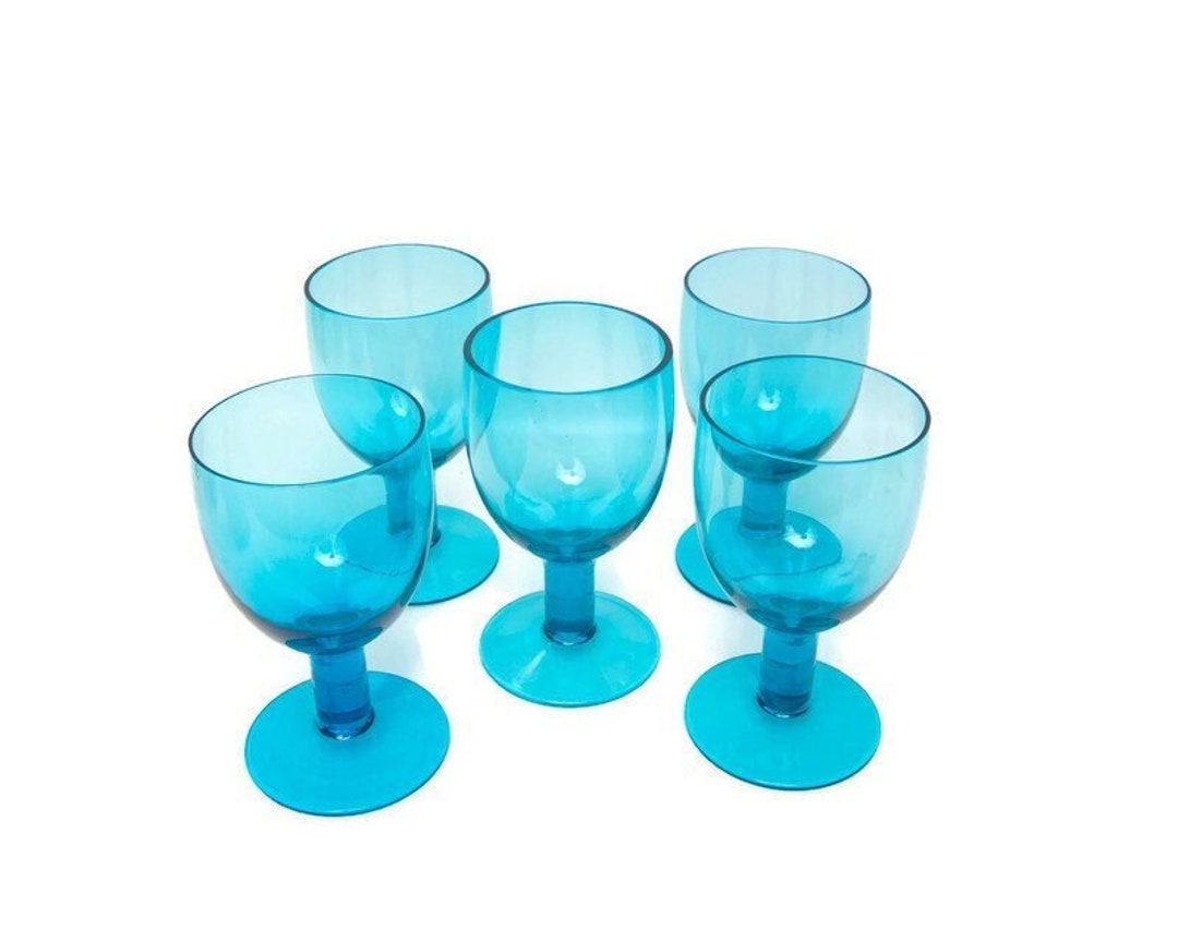 Vintage Aqua Blue Glass Goblets 6 Inch Set of 5 Thick Turquoise Water ...