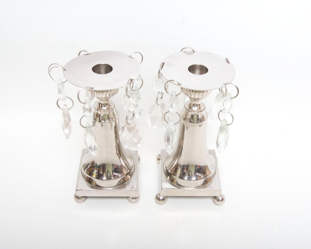 Vintage Crystal Prism Candlesticks – Silver Metal Footed Candle Holders ...