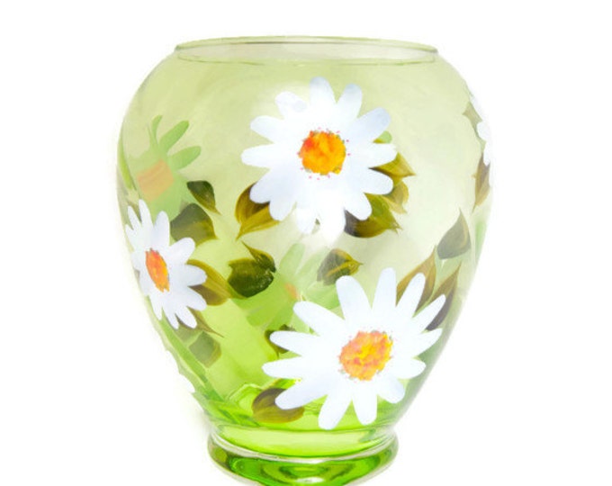 Vintage Daisy Vase Green Glass Hand Painted Daisies Swirled Glass Hand ...