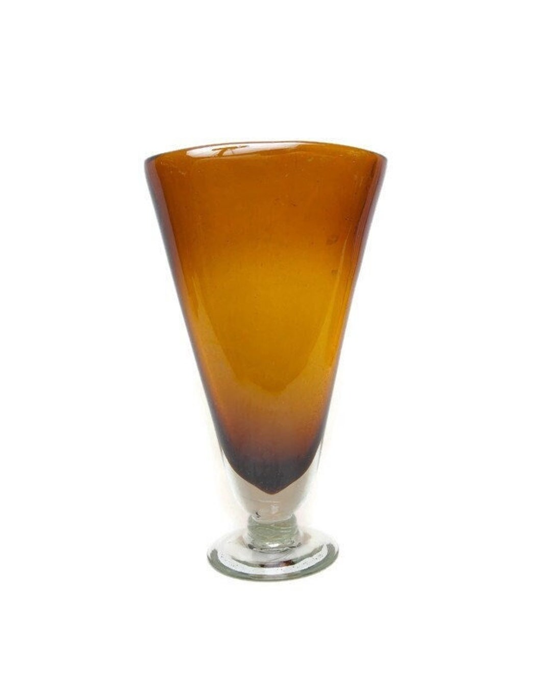 Vintage Amber Bubble Glass Vase Hand Blown Flattened Glass Clear Footed Base Flared Elongated