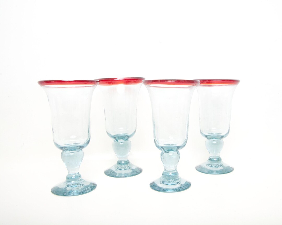 Vintage Mexican Glass Hand Blown Goblets Green Tint Red Rim Bubble ...