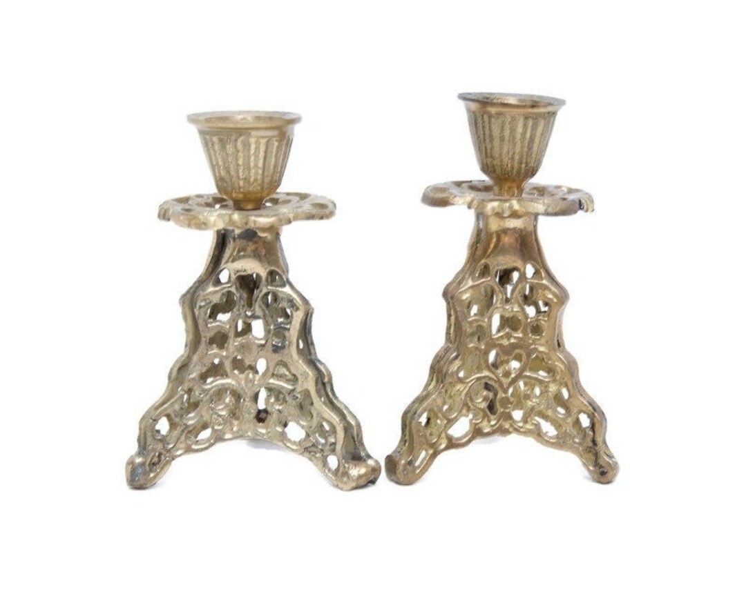 Vintage Enesco Brass Candlestick Holders: Triangle Taper Candle Decor ...
