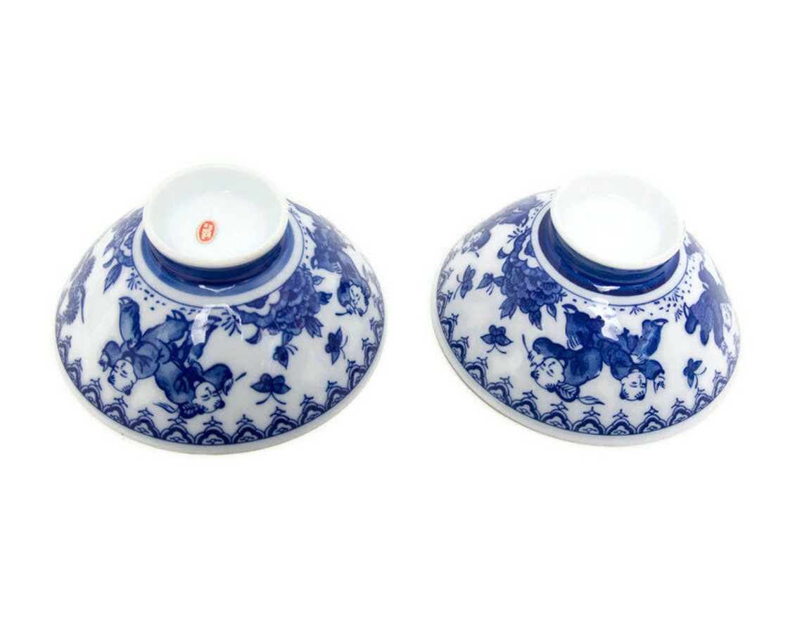 Vintage Japanese Porcelain Rice Bowls Chinoiserie Blue and | Etsy