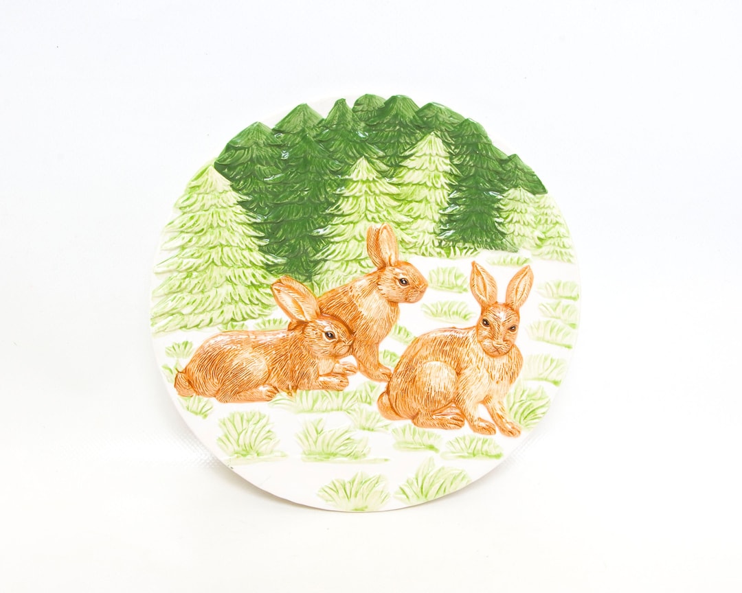 Vintage Bunnies Plate, Relief Design, Hand Painted, Rabbits in Field ...