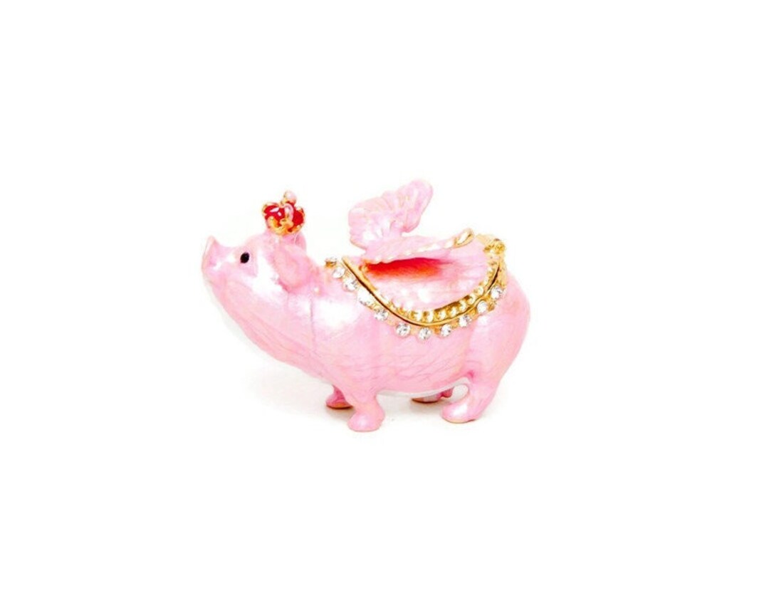Vintage Swarovski Crystals Pig Ring Box - Pink and Gold Enamel - Winged ...