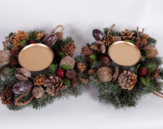Vintage Holiday Candle Rings Pine Cones Nuts Red Berries Boughs Set of ...
