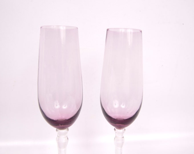 Vintage Purple Champagne Flutes Hand Blown Amethyst Toasting Flutes Wine Glasses Ornate Stemware