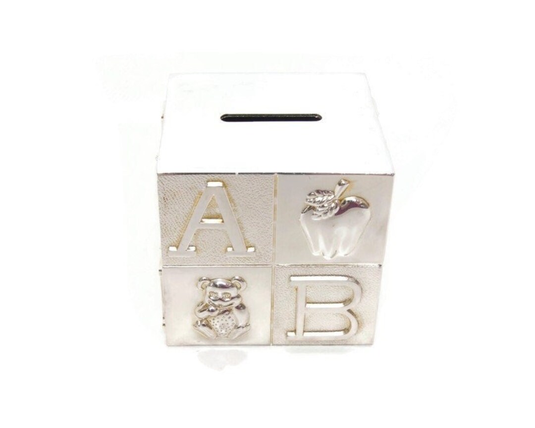 Vintage Silver Plated ABC Block Coin Bank - Animal Alphabet Design Baby ...