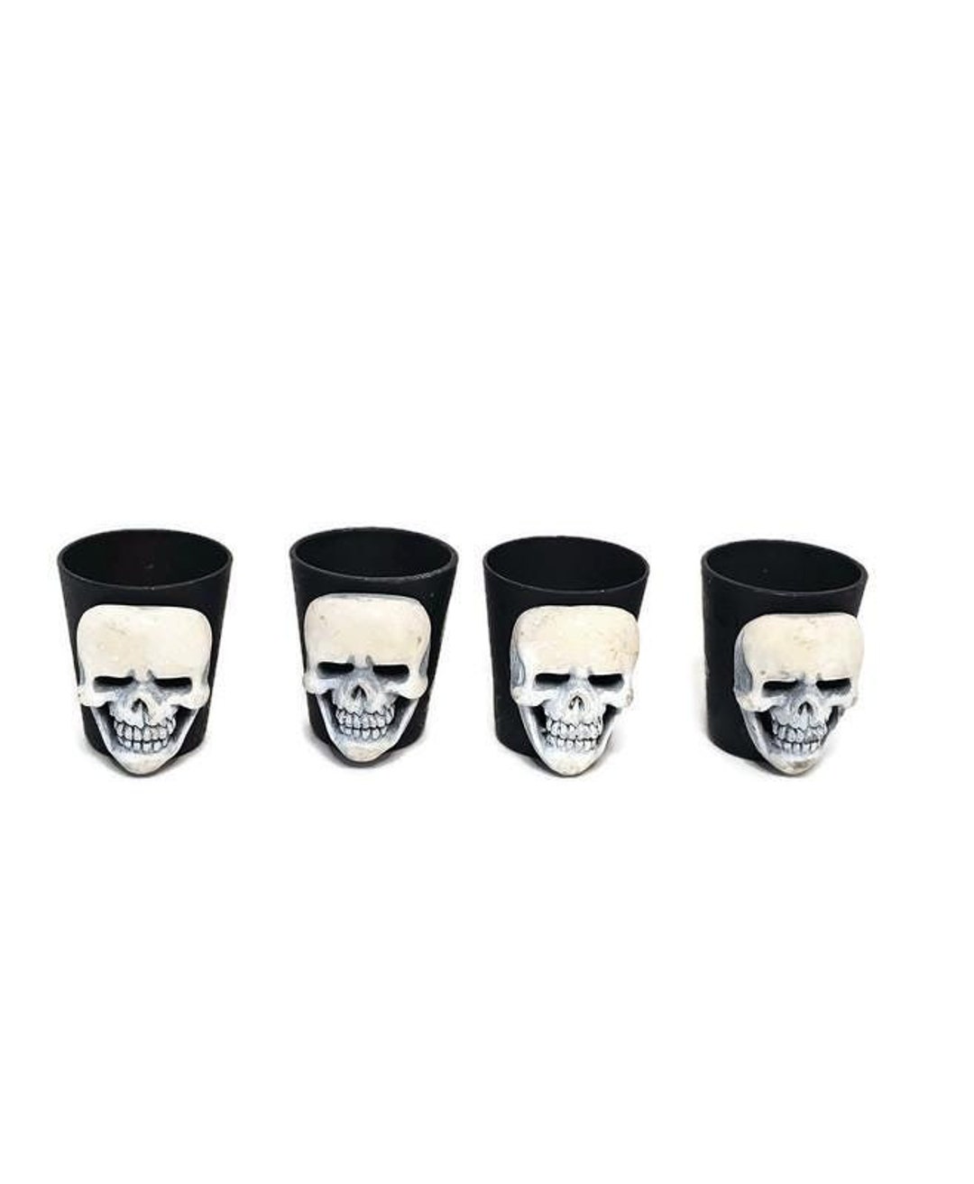 Set of 4 Skull Skeleton Shot Glasses Black Ceramic With 3D White Skulls ...