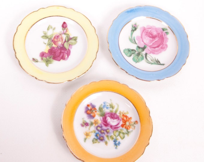Vintage Set of 3 Miniature Floral Plates Made in Japan Gold Trim Rim ...