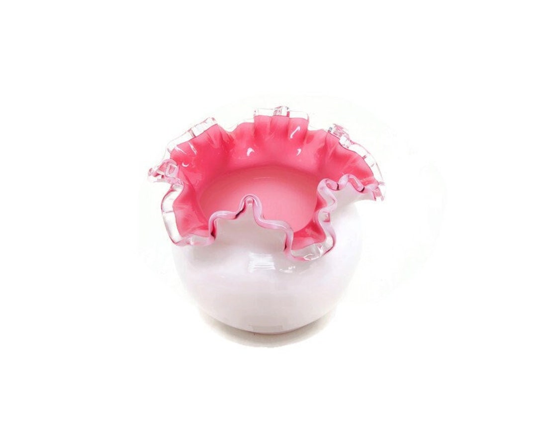 Vintage Fenton Silver Crest Pink and White Rose Bowl Double Crimped ...