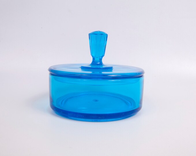 Vintage Turquoise Glass Vanity Powder Jar Candy Dish With Lid Trinket ...