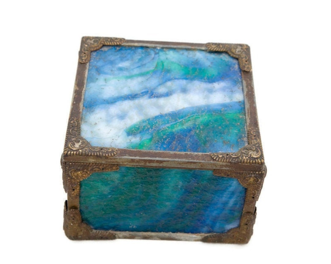 Antique Stained Glass Jewelry Box With Hinge Slag Glass Chest Relief ...