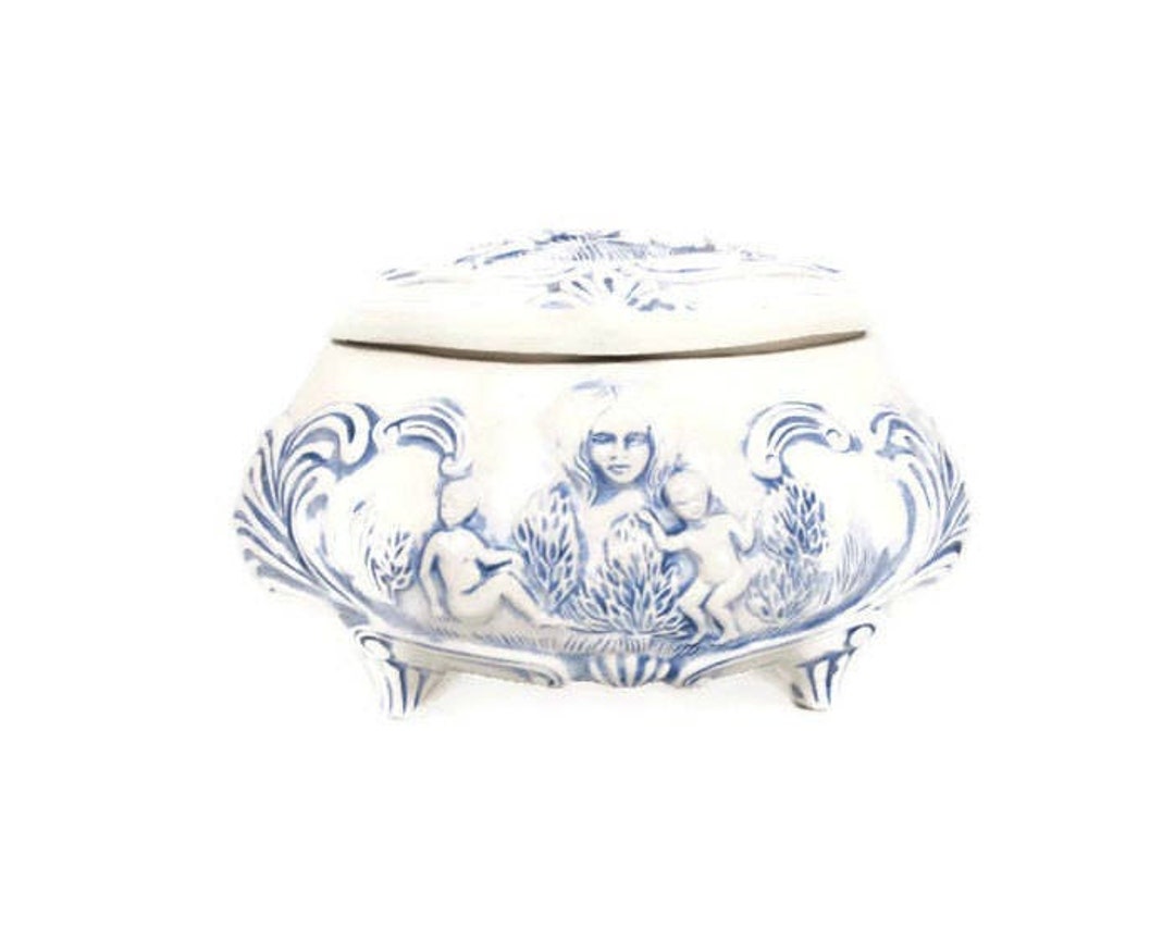Vintage Cherub Jewelry Box LARGE Trinket Box Blue and White Bas Relief ...