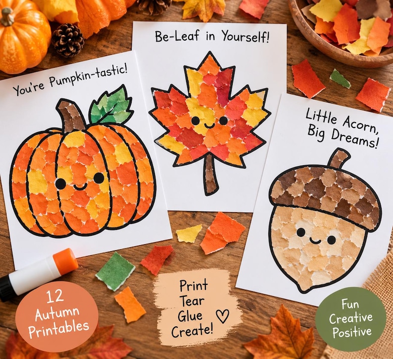 Torn Paper Fall Season Craft Activity, Pompon Glueing Printable Pages ...