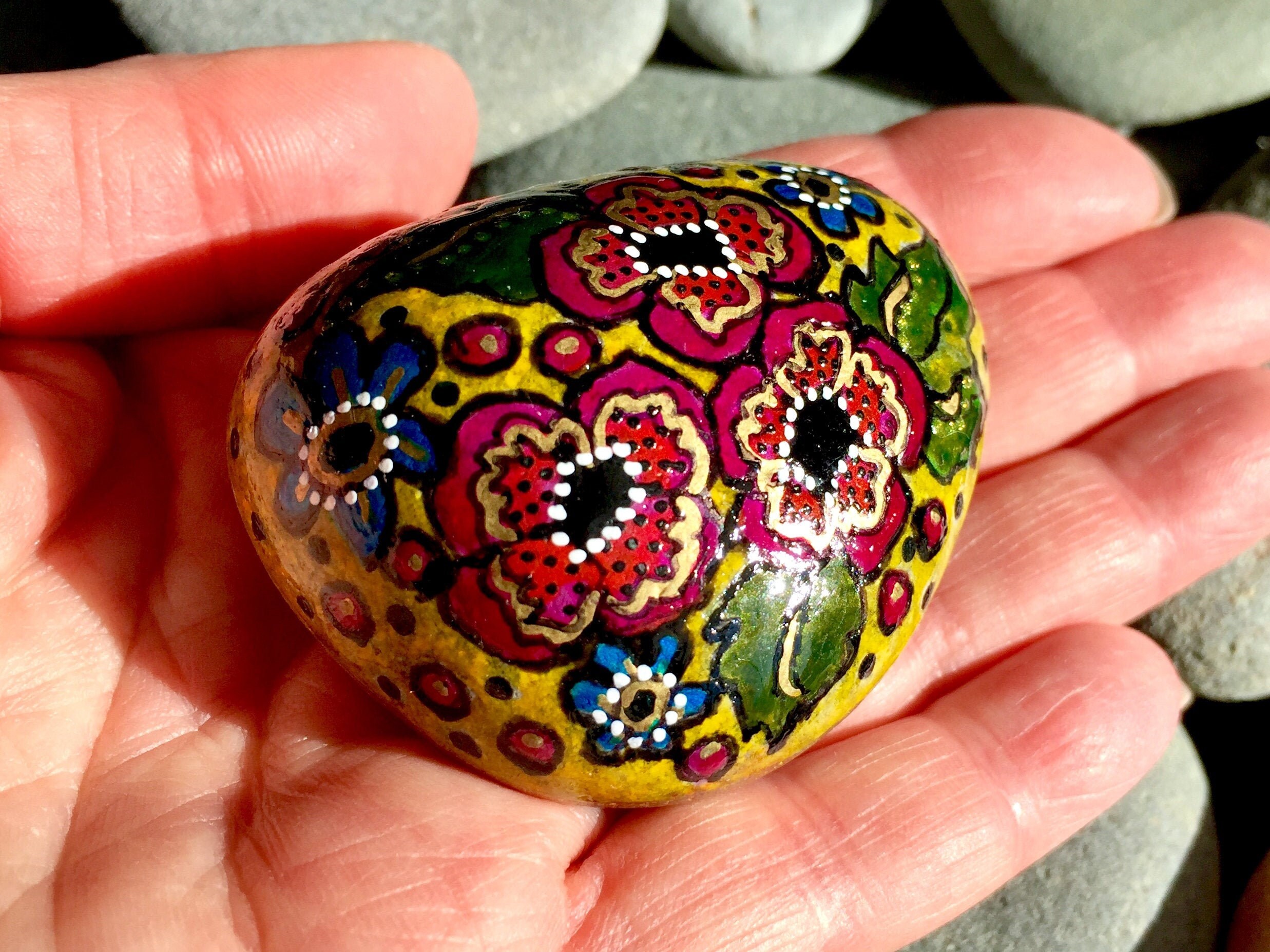 Golden Boho Floral / Painted Rocks/painted Stones/ - Etsy