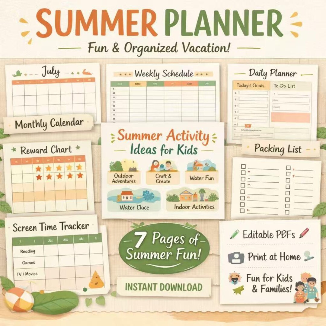Kids Summer Planner Printable | Weekly Daily Schedule, Calendar, Reward ...