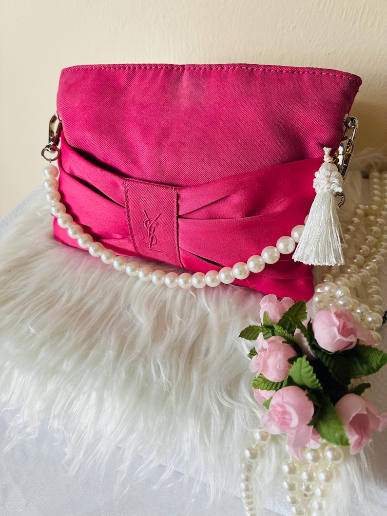 Reviveluxe Upcycled YSL Parfum Bag| Clutch | Pearl Strap Pink Satin ...