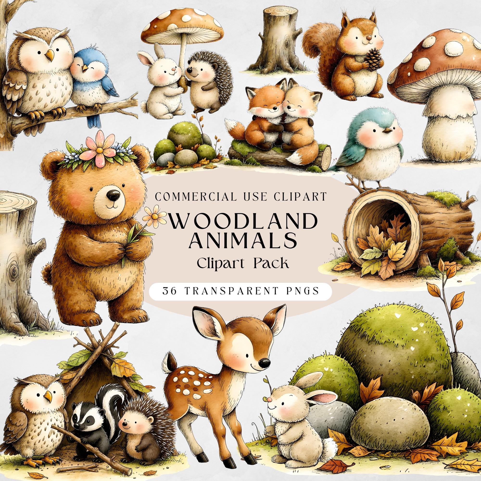 Woodland Animals Clipart Watercolor PNG, Cute Forest Animal Clipart ...