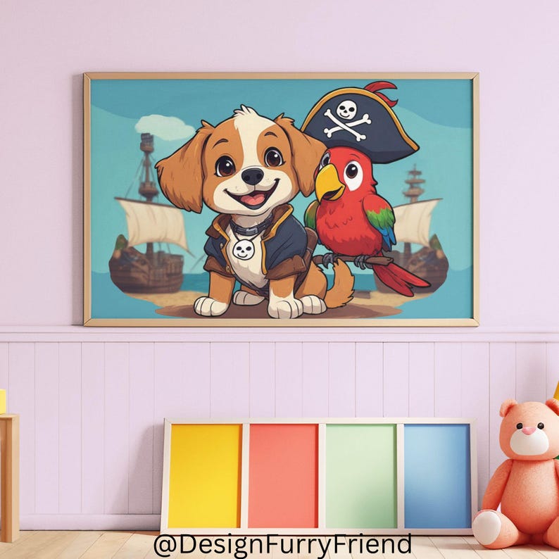 Puppy Parrot Pirate Print | Cartoon Animal Nursery Wall Art ...