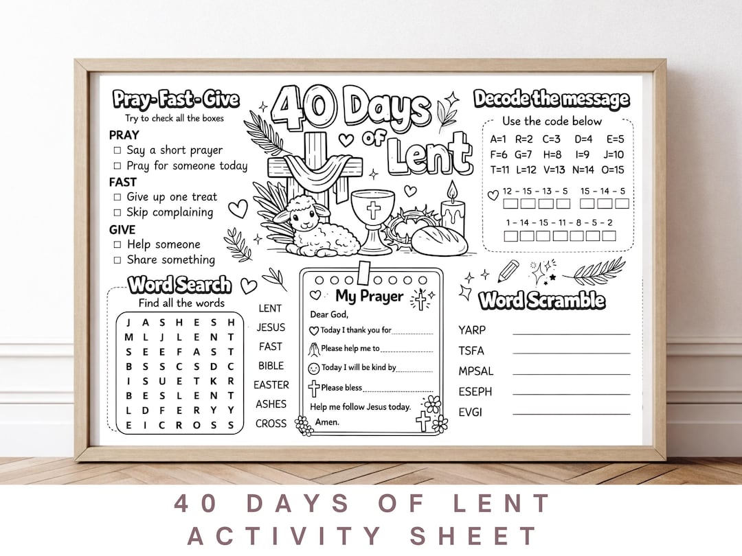 Lent Activity Placemat for Christian Kids, 40 Days of Lent Coloring ...