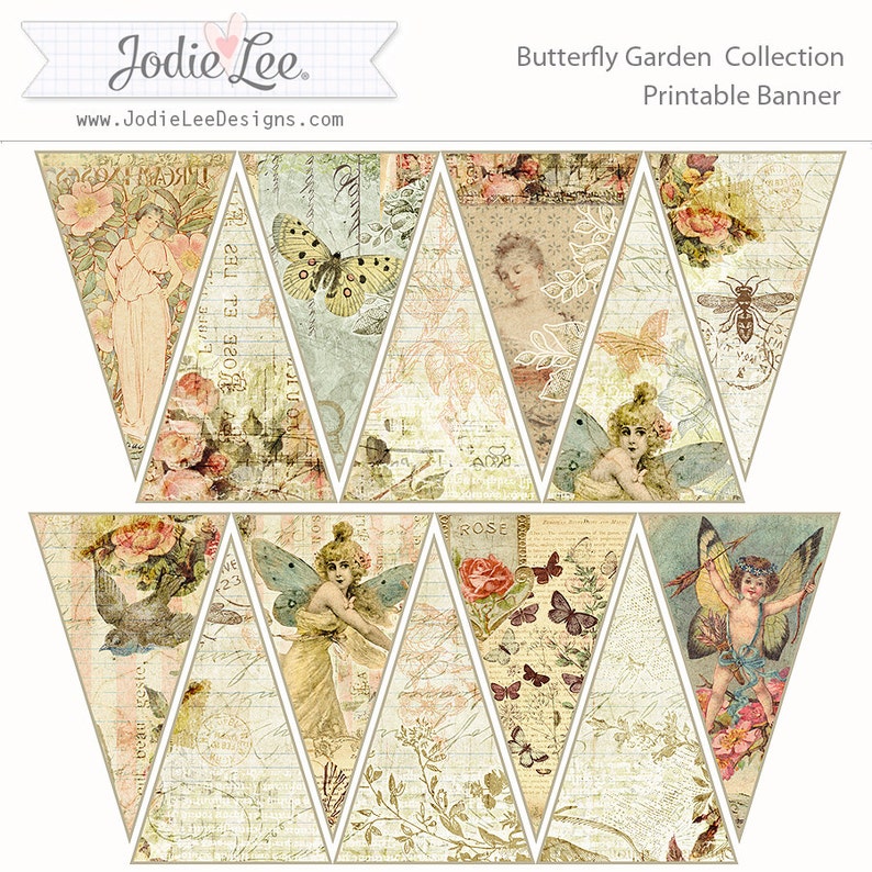 Printable Vintage Butterfly Garden Bunting Banner Ephemera | Junk ...