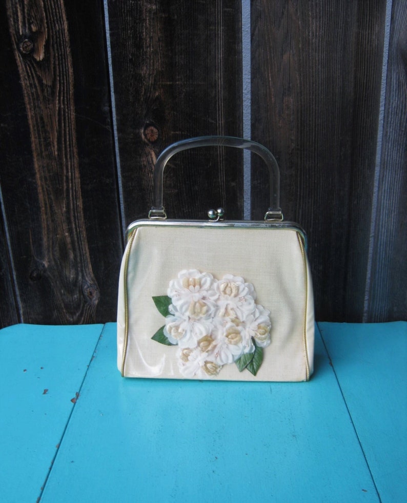 Vinyl Covered Yellow Fabric Bag With Faux Flowers & Lucite - Etsy