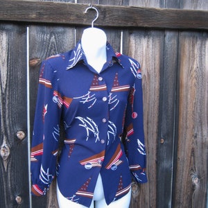 Dark Blue Abstract Print 9-5 Blouse Flowy Form Fitting - Etsy