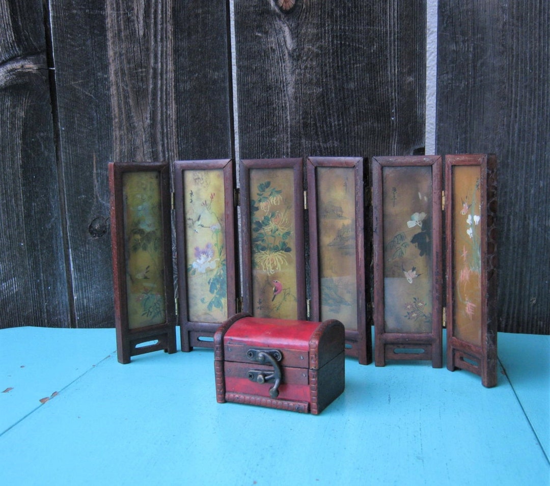 Mini Asian Folding Screen With 6 Panels Wood & Glass for - Etsy