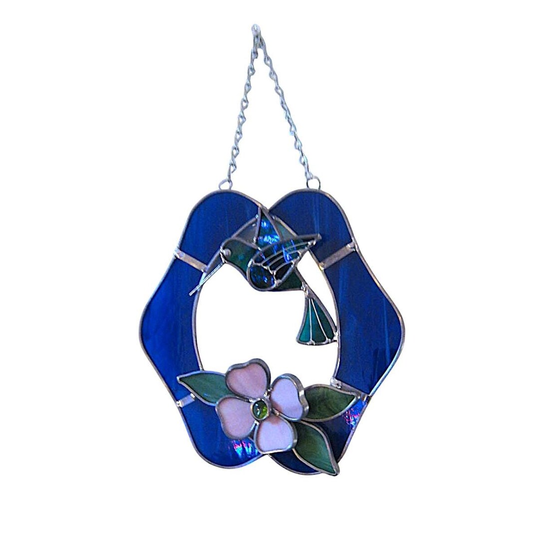 3-dimensional Stained Glass Hummingbird Hanging; Cobalt Blue With Pink ...
