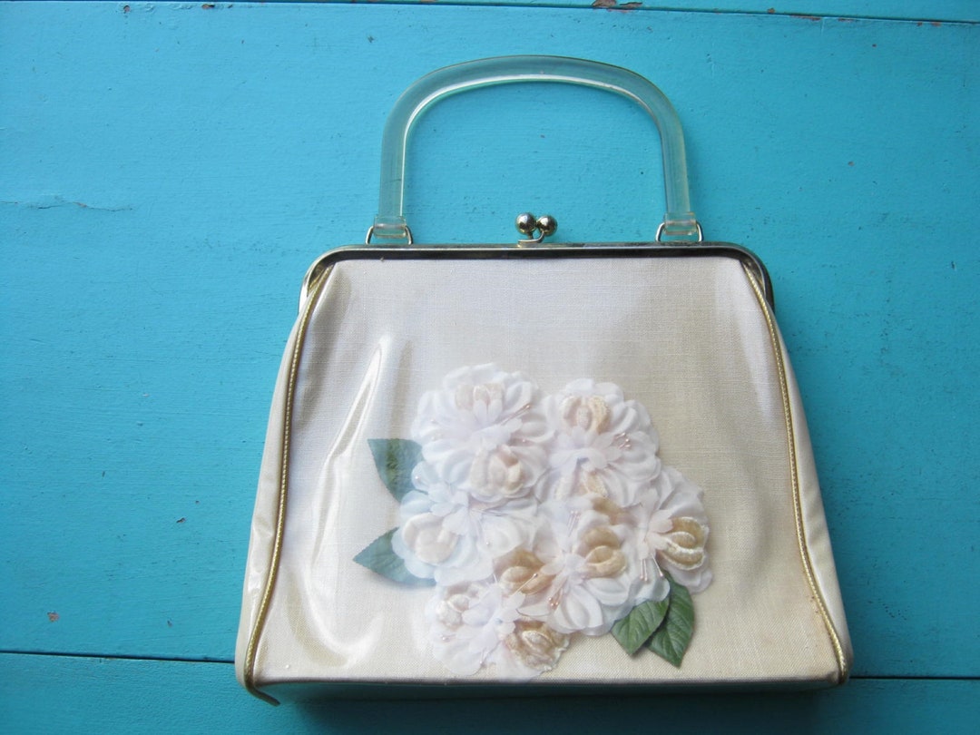 Vinyl Covered Yellow Fabric Bag With Faux Flowers & Lucite - Etsy