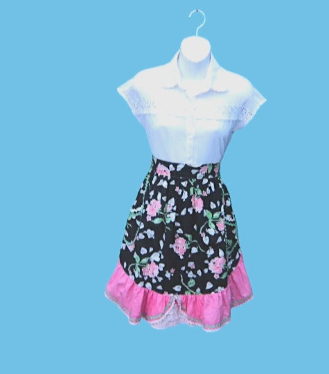 Black/pink Rose Print Apron; Ric-rac Pockets; Country Line Dance ...