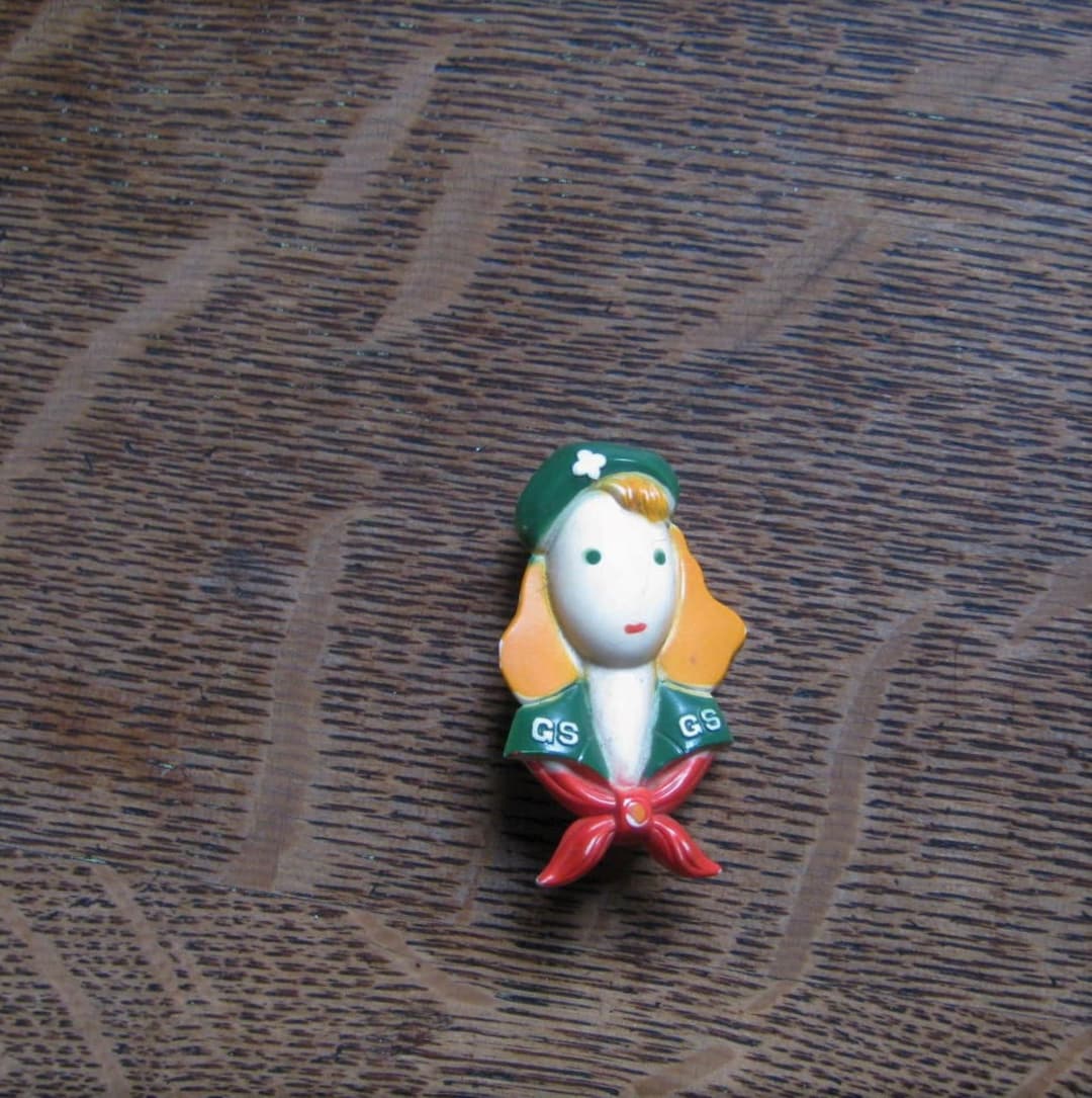 Vintage Girl Scout Face Pin; Blonde Scout With Red Bow MCM Brooch ...