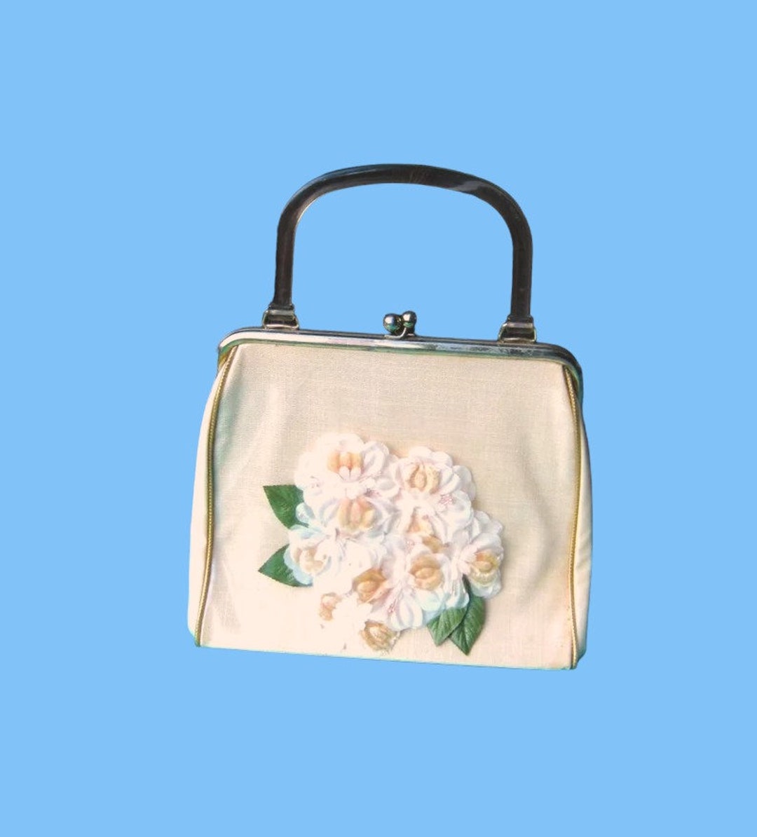 Vinyl Covered Yellow Fabric Bag With Faux Flowers & Lucite Handle Mcm ...