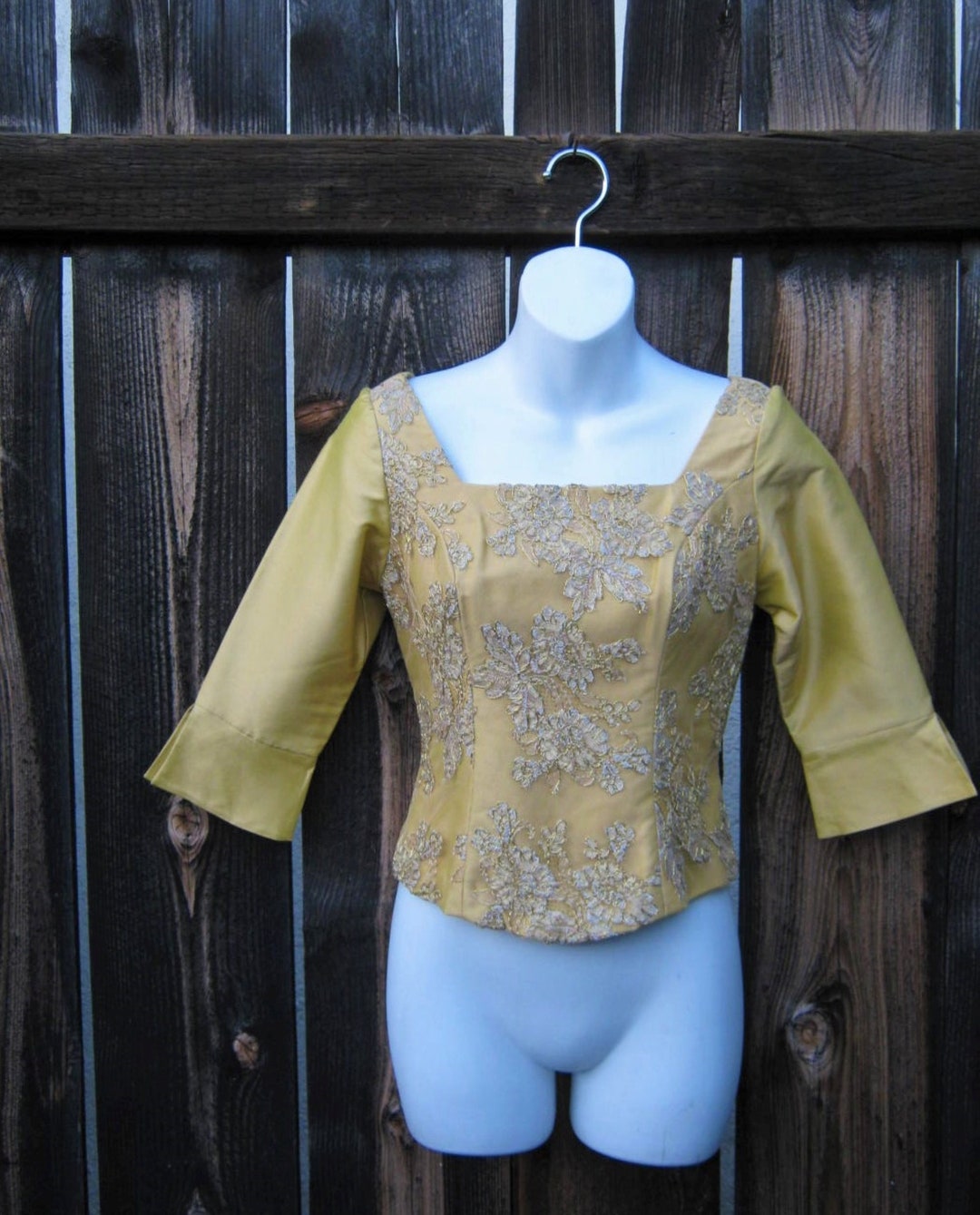 Cropped Gold Satin Top W/ Appliqued Mesh Bodice 3/4 Sleeves - Etsy
