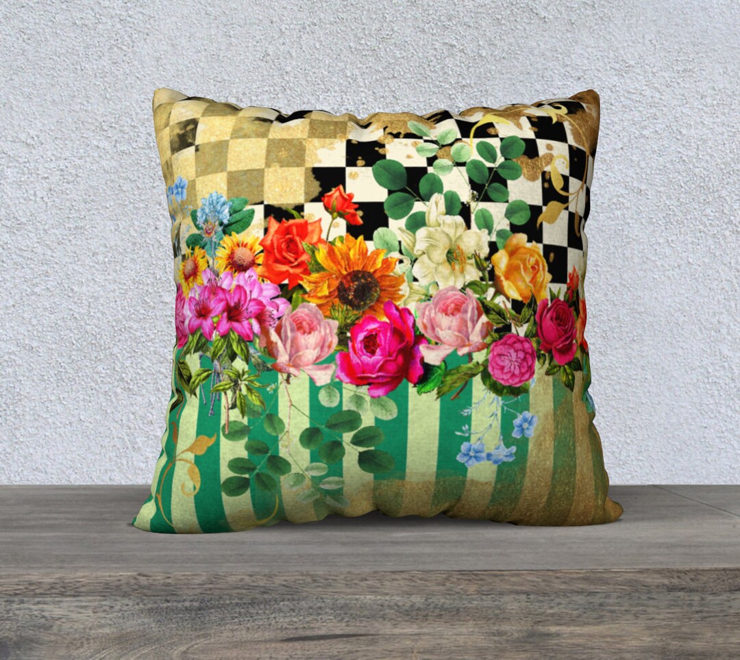 Checkerboard Gold Foil Striped Pillow Cover Vintage Flowers - Etsy ...