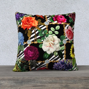 Funky Floral Zebra Checkered Pillow Cover Jewels and Chains Velveteen ...