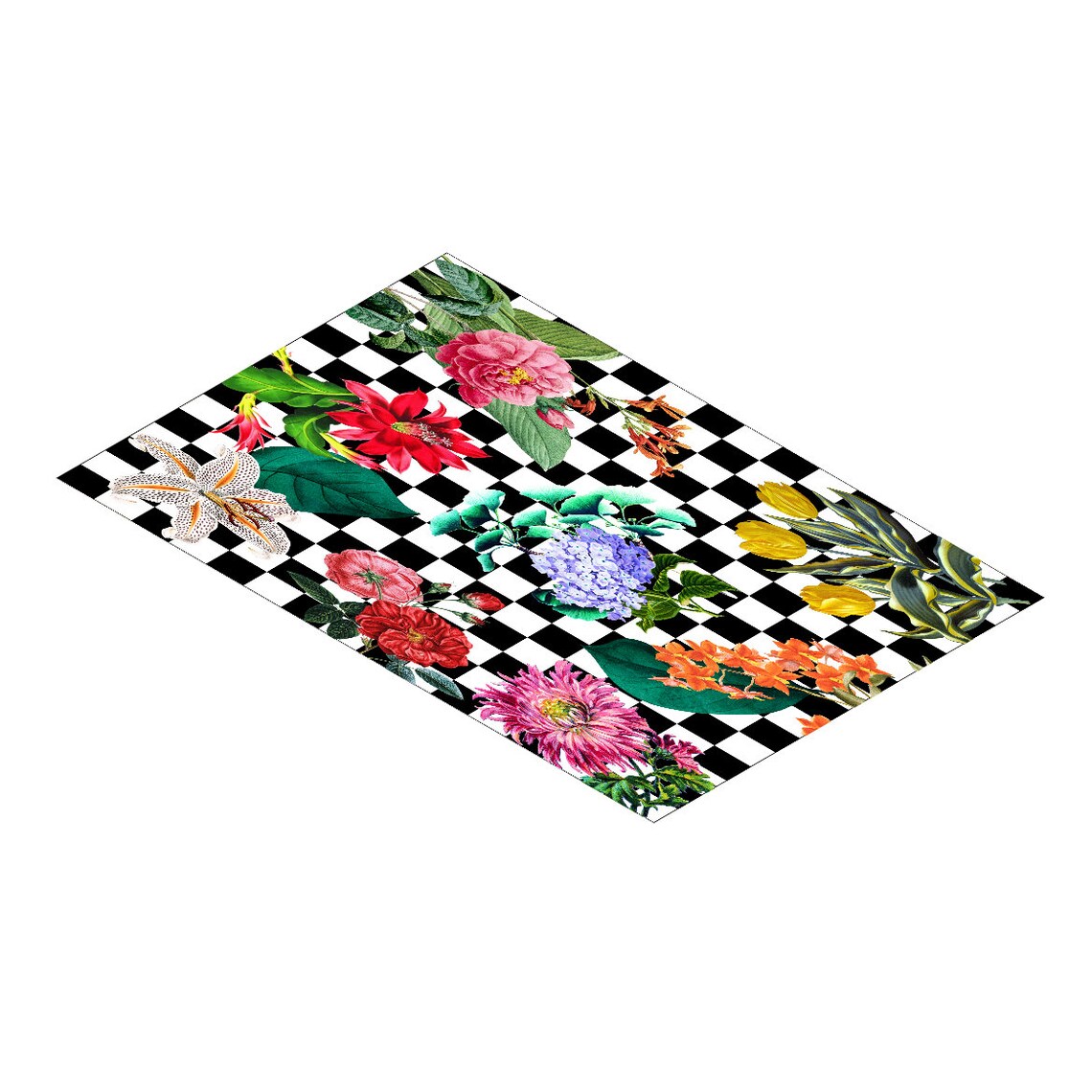 Floral Black and White Checkerboard Tablecloth Vintage Flowers Country ...